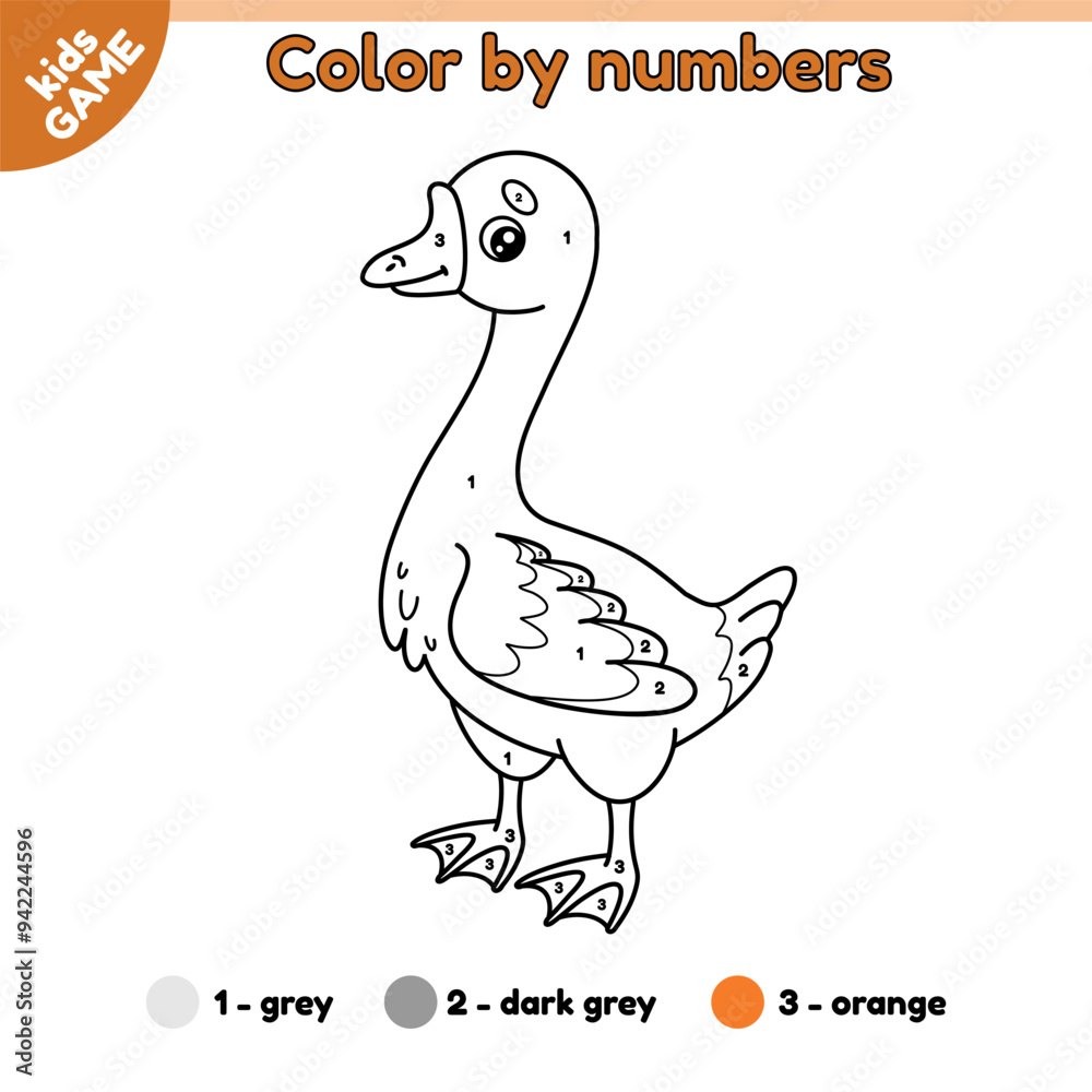 Kids game Color by numbers with cartoon farm goose. Page of the ...