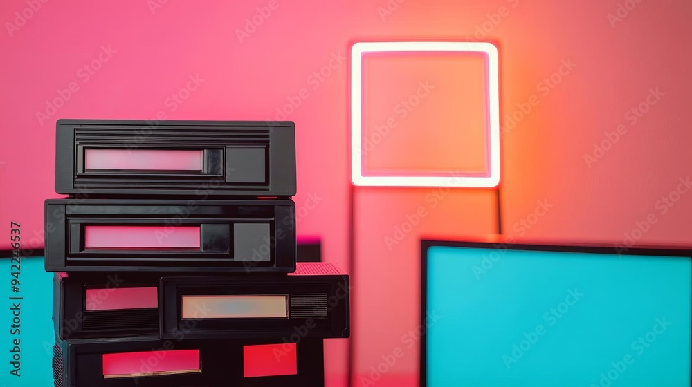 1980s video rental store with VHS tapes and neon signs, nostalgic vibes ...