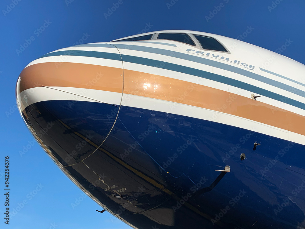 Privilege Style Airlines Boeing 777 Aircraft Cockpit Nose Section Stock ...