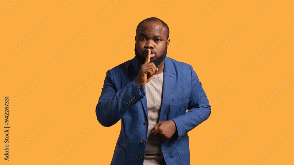 Annoyed african american man doing shushing hand gesturing, irritated ...