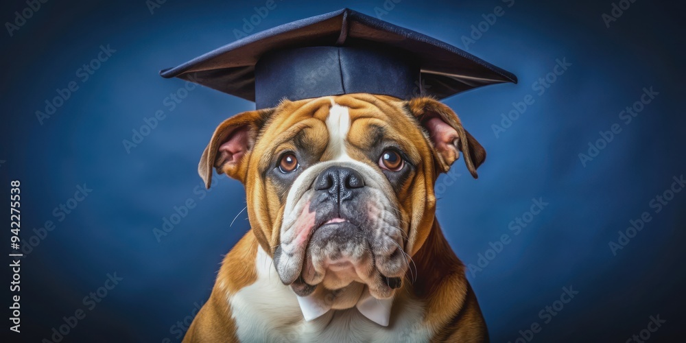 Bulldog wearing a graduation cap in a studio setting with a blue navy ...