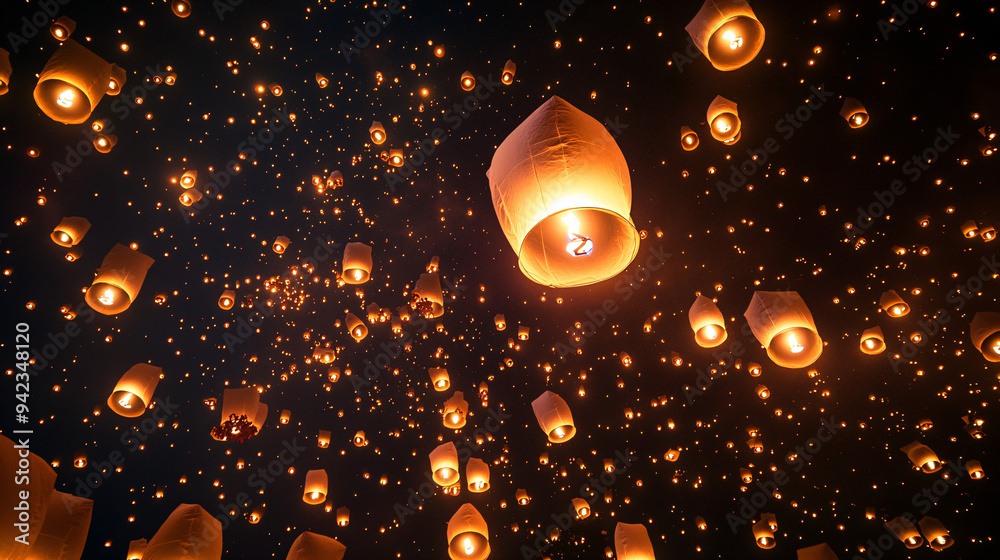 YI Peng lantern festival. Release hot air paper lanterns to sky at ...