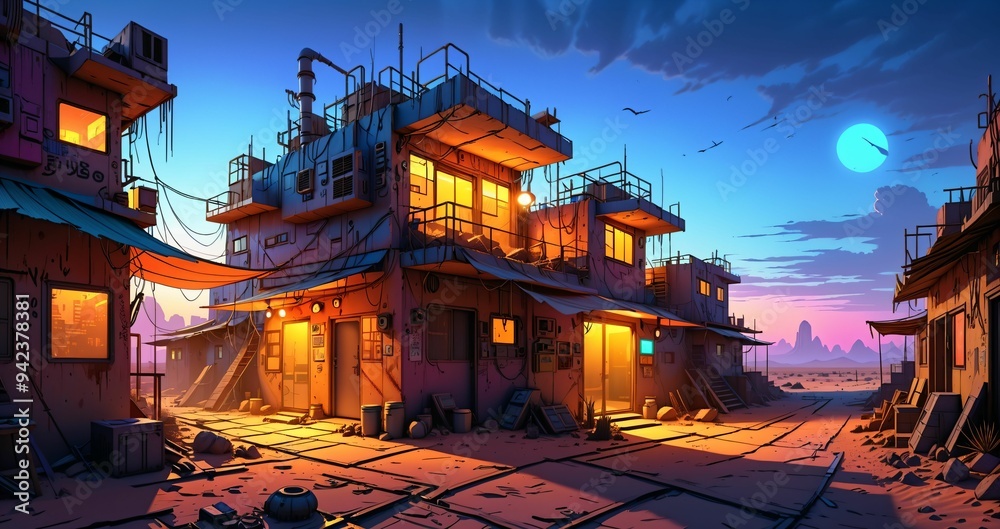 cyberpunk town city wasteland in the desert at sunset. futuristic ...