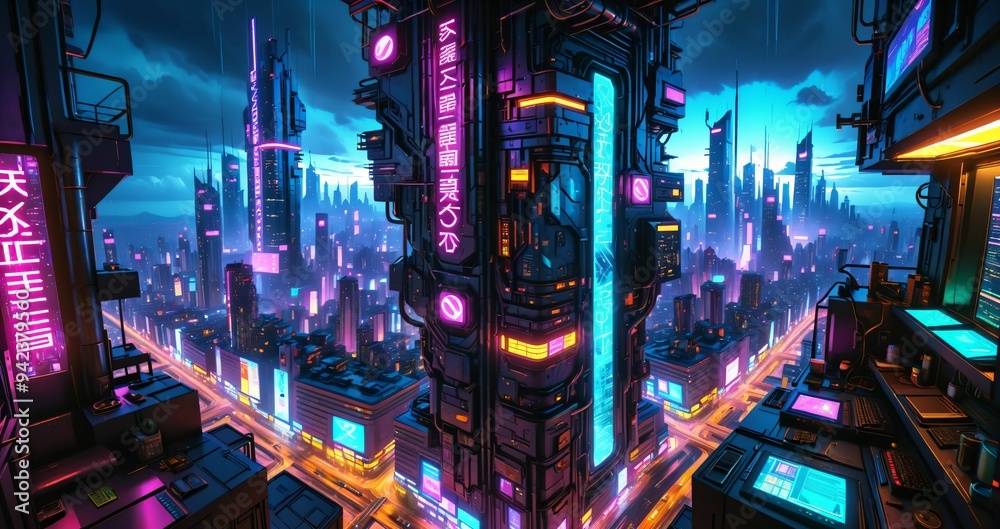 high rise skyscraper tower penthouse loft in cyberpunk futuristic sci ...