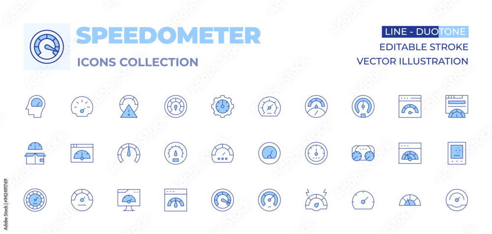 Speedometer icons collection. Line Duotone style, editable stroke ...