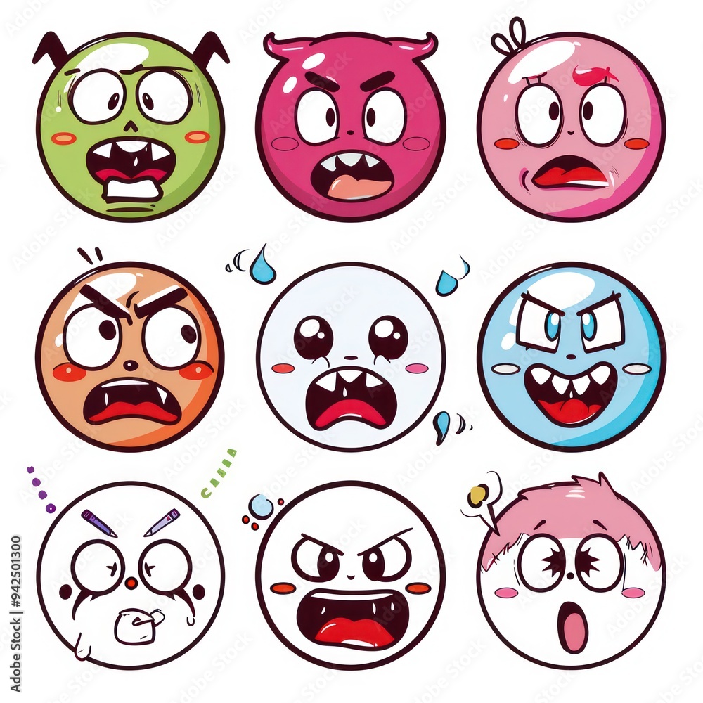 Colorful emoji stickers display various emotions like anger, fear, and ...