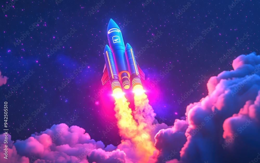 Rocket soaring into the starry sky in a 3D cartoon rendering Spaceship commences its mission ...
