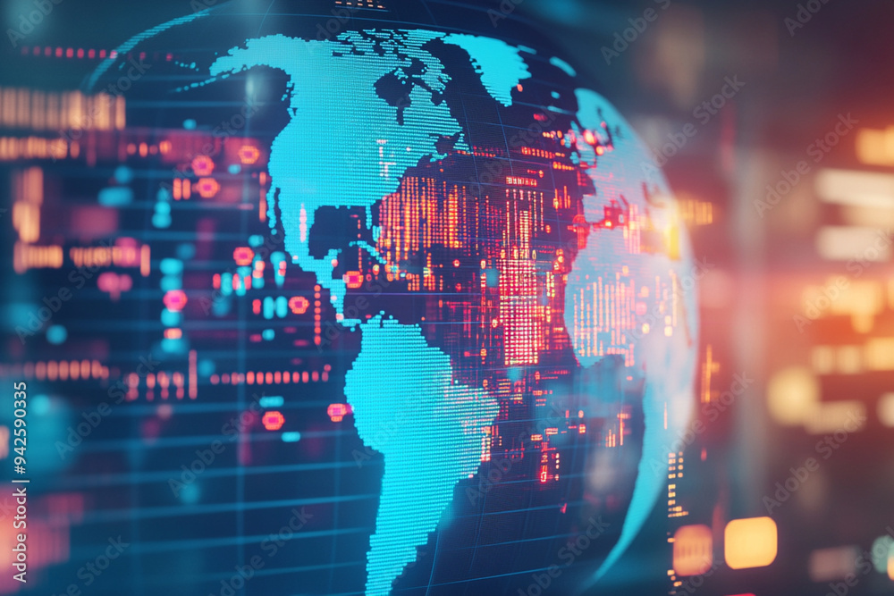 Conceptual image of a world map with binary code overlay, representing global technology and ...