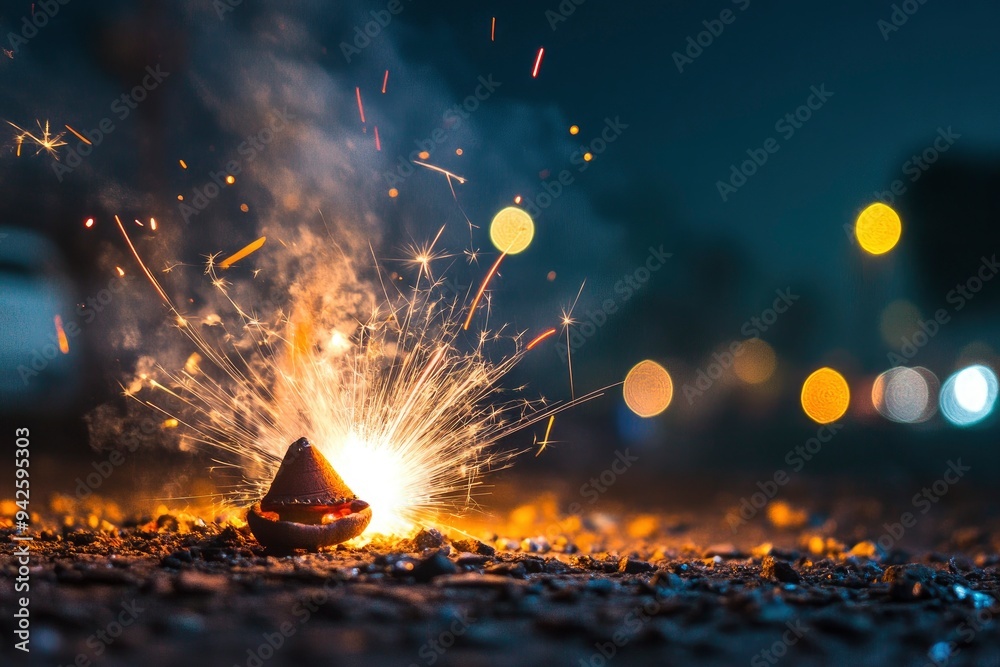 beautiful night photograph diwali rocket launching hot fire work flames ...