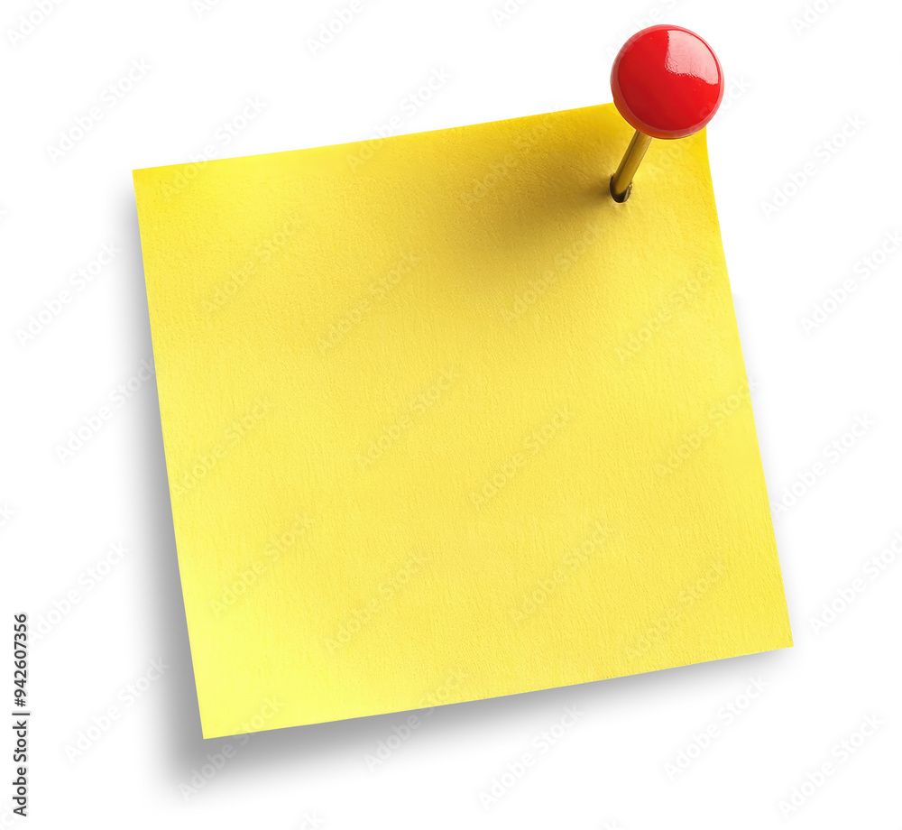 Yellow post-it note with thumbtack isolated on transparent background ...