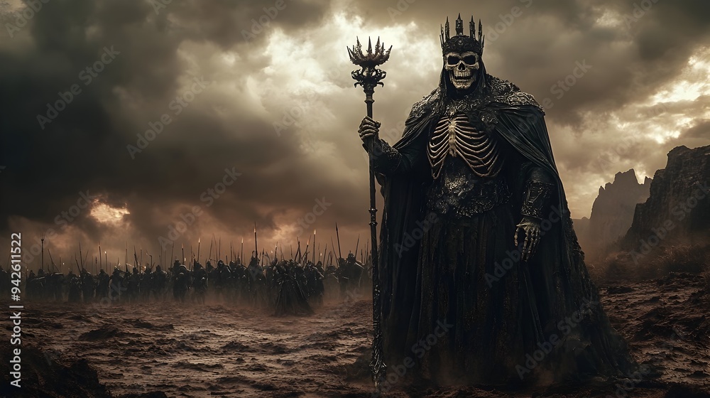 Dark Undead Skeleton King Commanding Cursed Army on Storm-Swept Barren ...