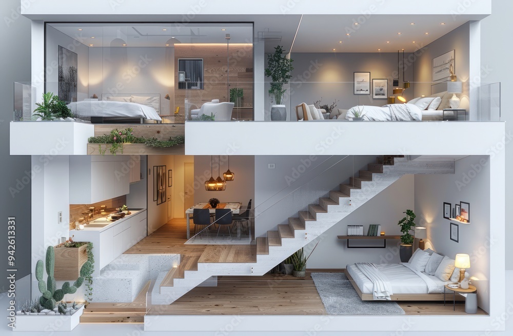 3D isometric floor plan of a small loft, modern interior design Stock ...