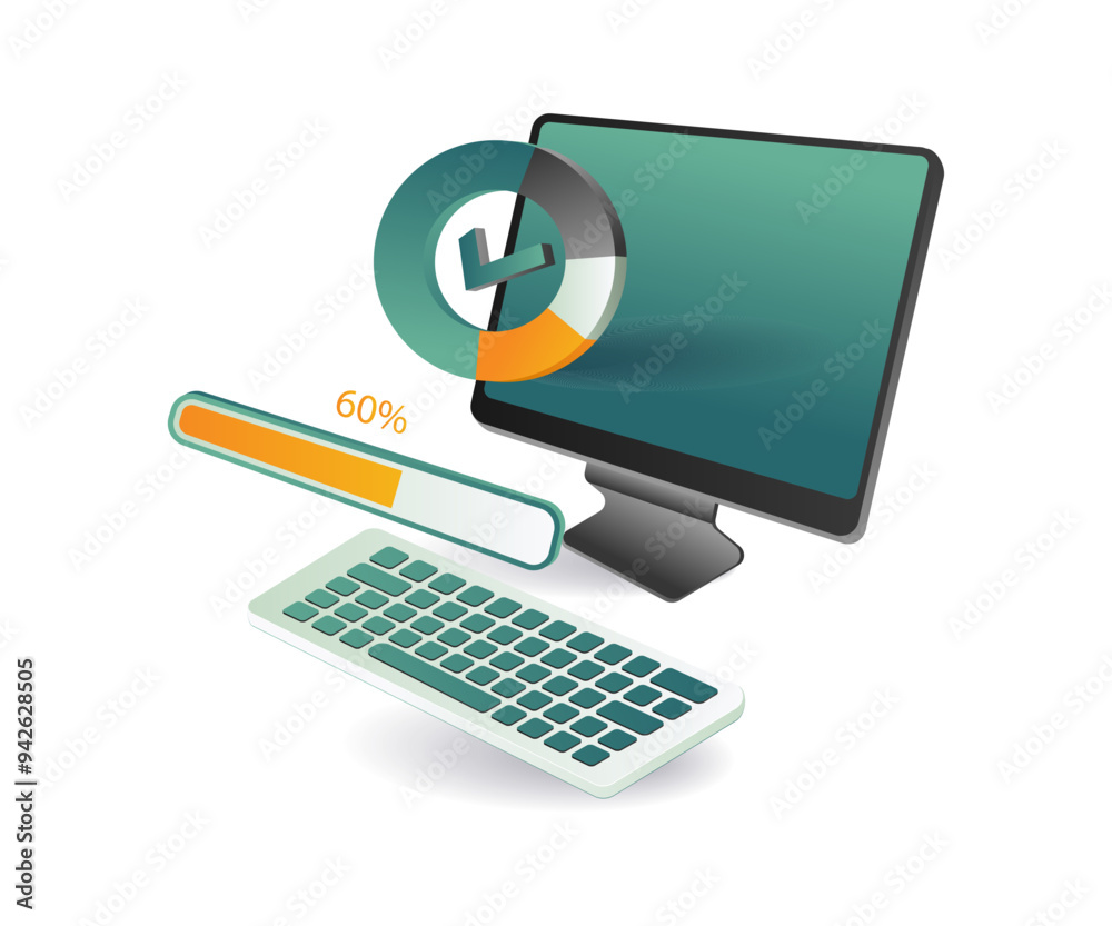 Computer monitor, keyboard, and mouse on desk for computer app update ...