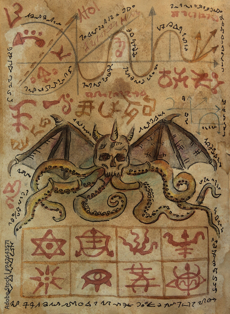 Hand drawn illustration of decorated old page with demon and mystic ...