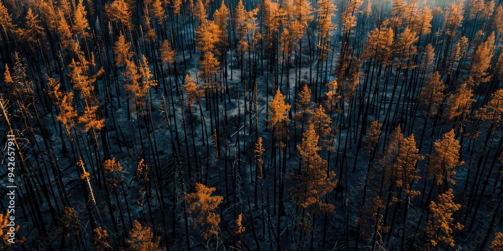 Aerial perspective of charred trees in a forest post wild fire Dry ...
