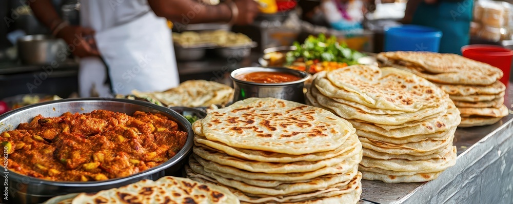A busy street food market with the aroma of freshly made parathas ...