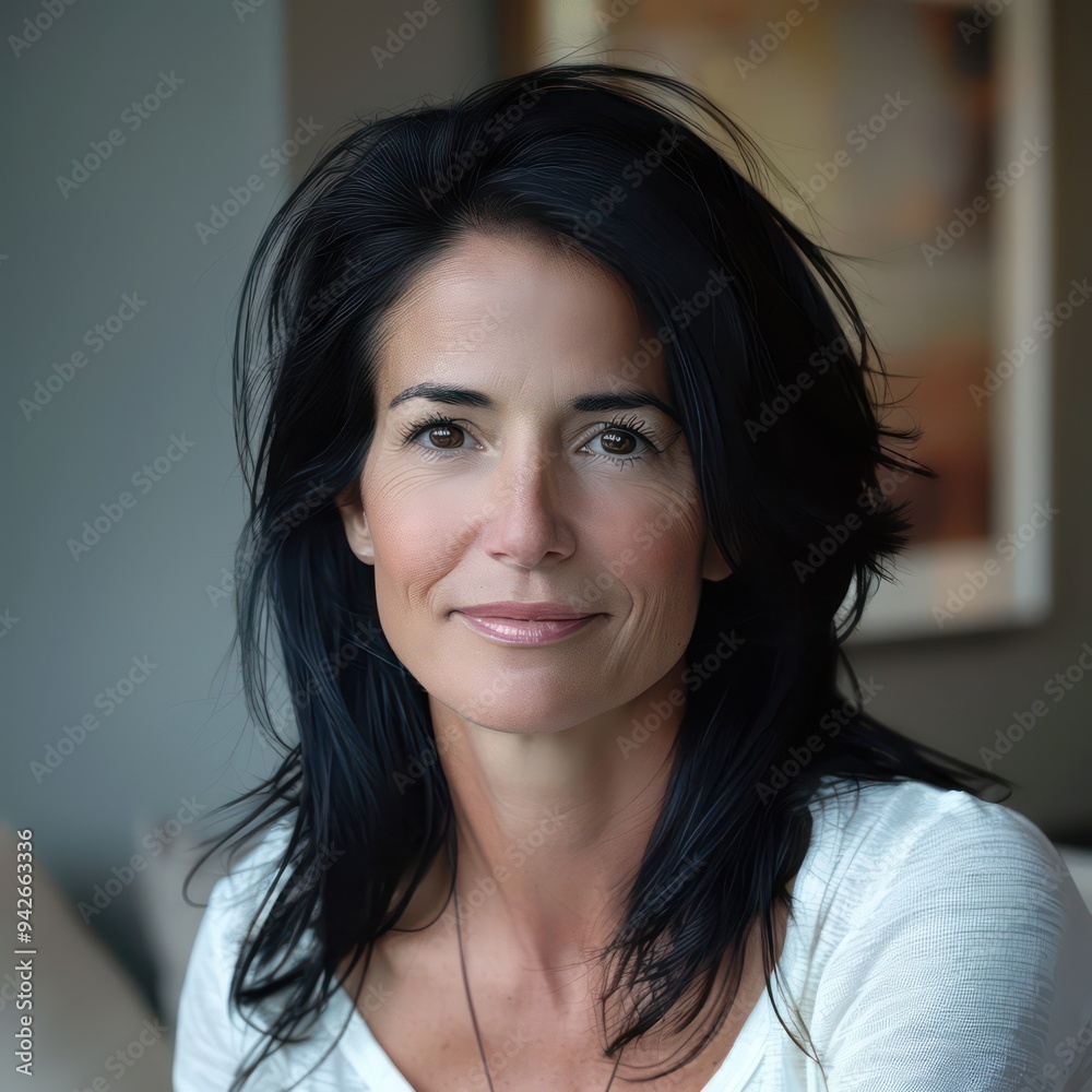 A 40-year-old woman with black hair, portrayed in a timeless, detailed ...