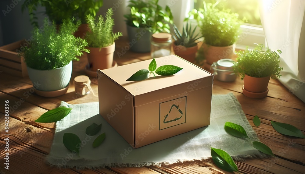 eco-friendly cardboard box in natural light, packaging, shipping, and ...