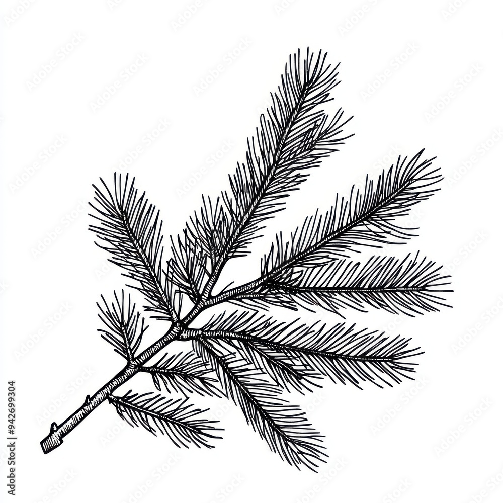 Black and white Vintage engraved art of a spruce tree branch, isolated ...