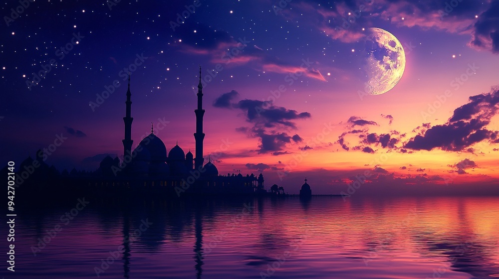 Mosque sunset sky, moon, holy night, islamic night and silhouette ...