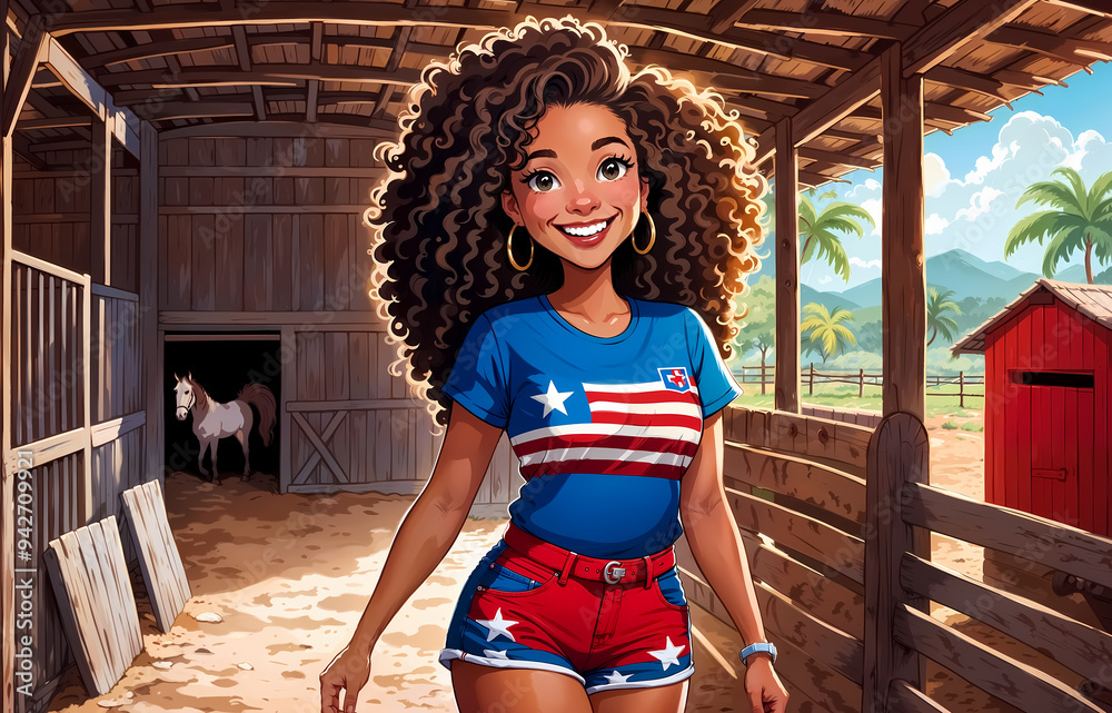 Vibrant Puerto Rican Woman in Red and Blue Outfit Standing Gracefully ...