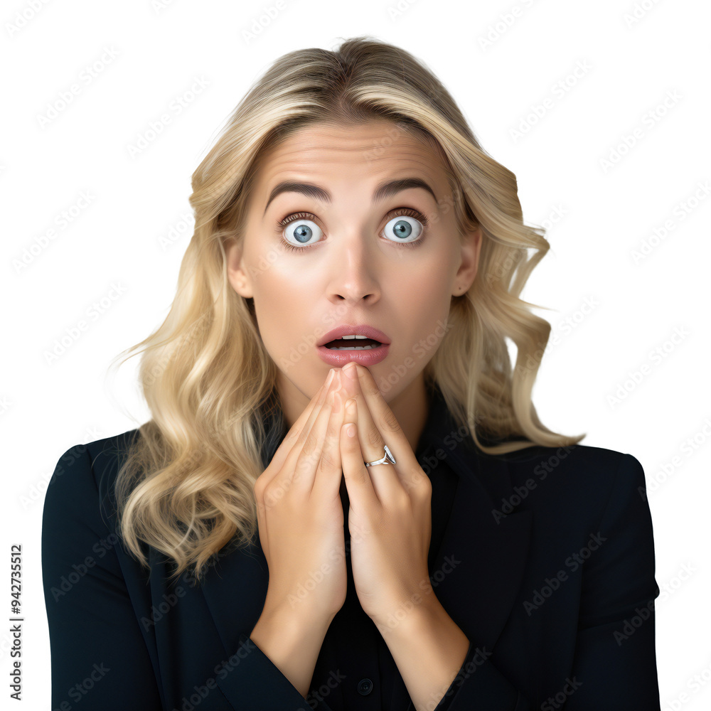 Surprised blonde businesswoman in black suit with shocked expression ...