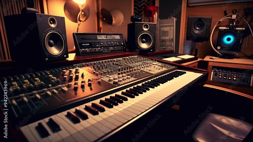 Modern Music Record Studio Control Desk with Computer Screen. Equalizer ...