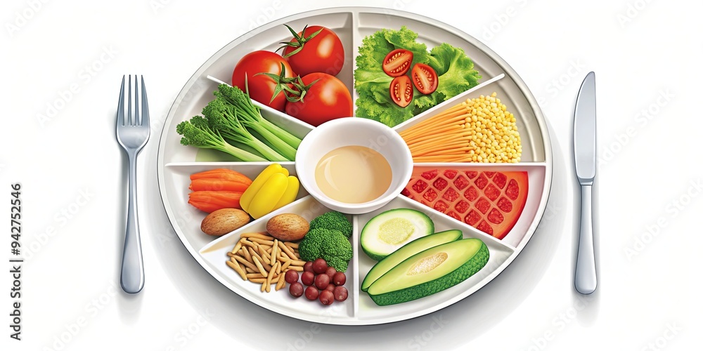 Graphic of a healthy plate with portion sizes for balanced meals ...