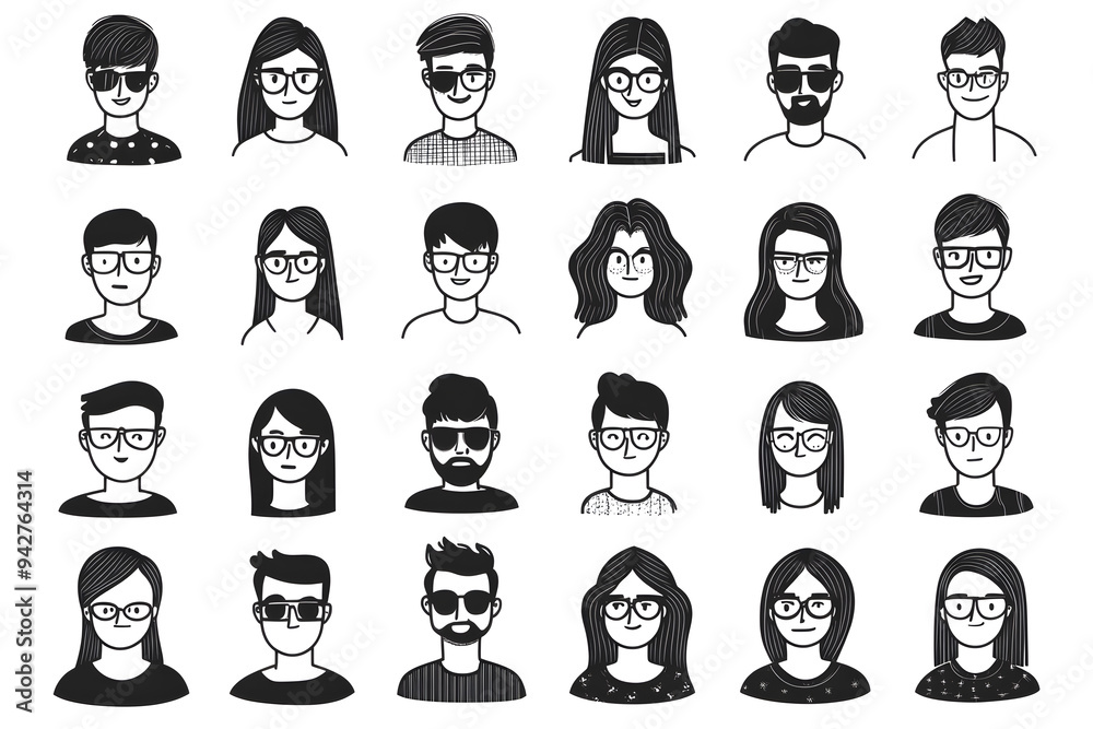 Black cartoon hand drawn characters for avatar collection isolated on ...