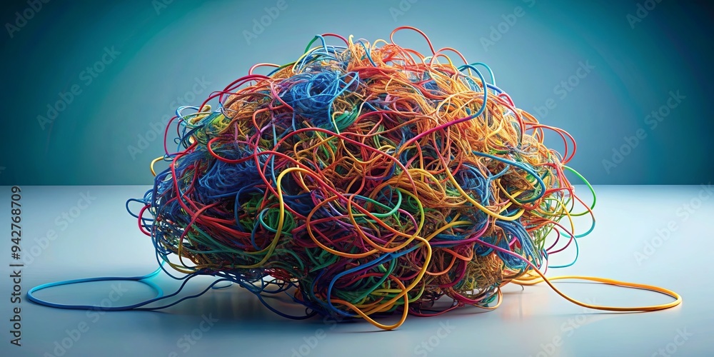 Abstract representation of a cluttered mind with tangled threads and ...