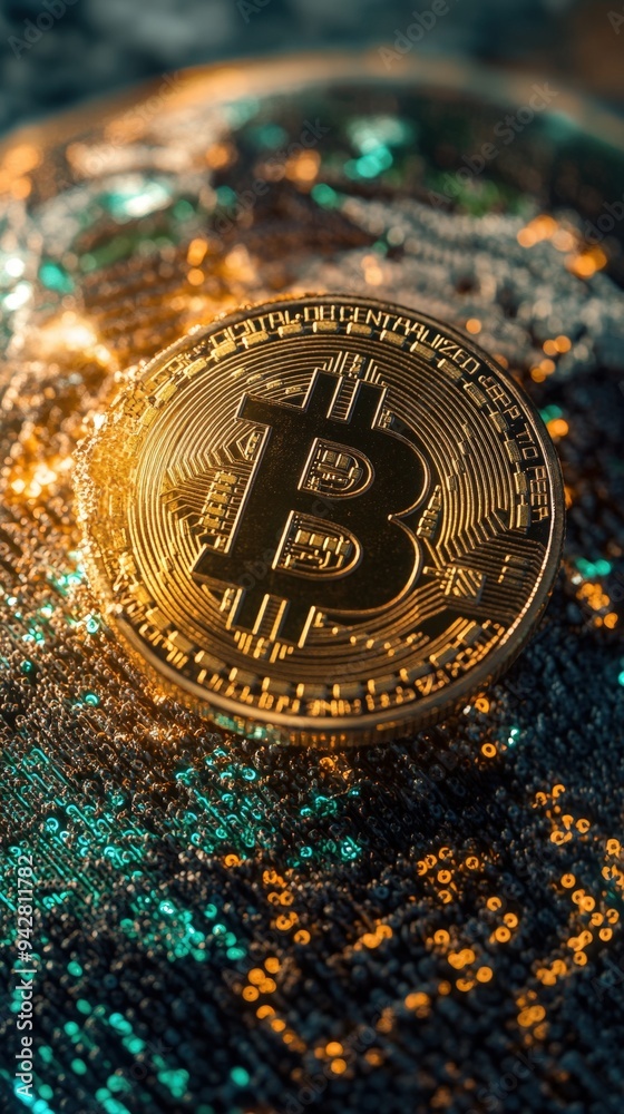 Bitcoin icon embedded in a digital globe made of encryption codes ...