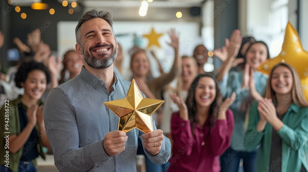A happy employee holding a golden star award, surrounded by applauding ...