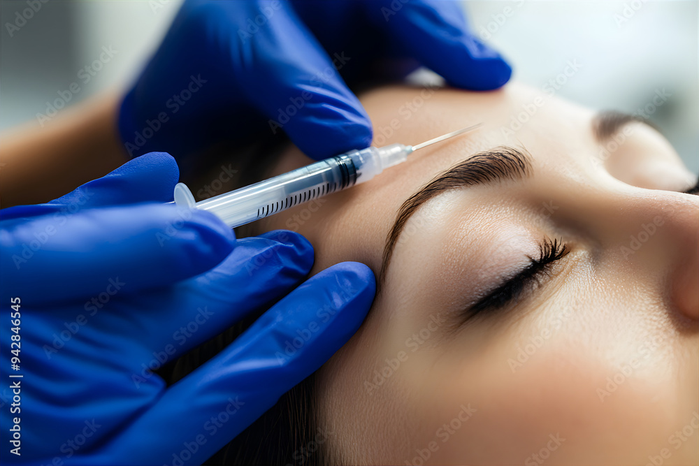 Beautiful woman receives an injection in the forehead. Botox for ...