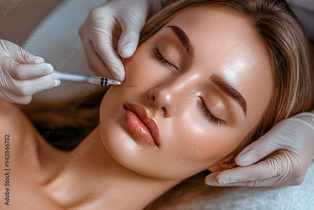 Beautiful woman receives an injection in the nasolabial folds. Botox ...