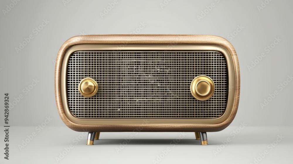 Vintage radio with a classic design, featuring brass knobs and a mesh ...