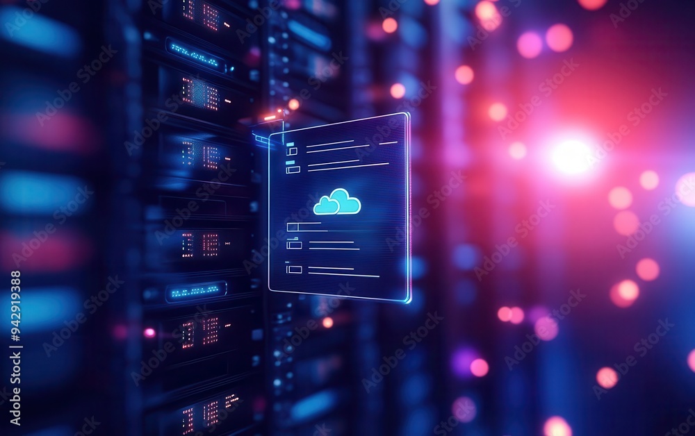 Holographic compliance checklist floating above cloud servers, emphasizing cloud technology and ...