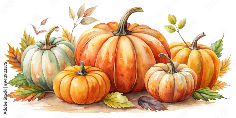 Autumn pumpkins, watercolor clipart illustration with isolated ...