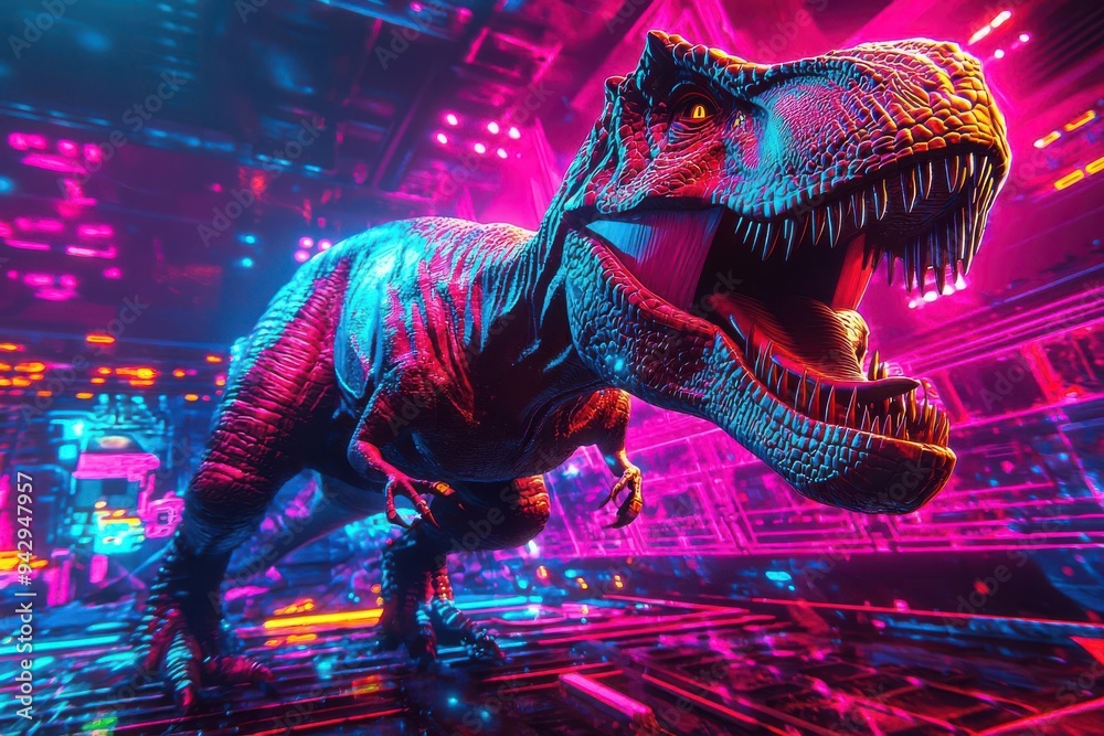 Ilustración de Stock T-Rex in a futuristic gaming arena, neon lights ...