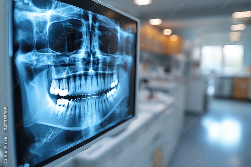Digital orthopantomography showing teeth on monitor in dental clinic ...