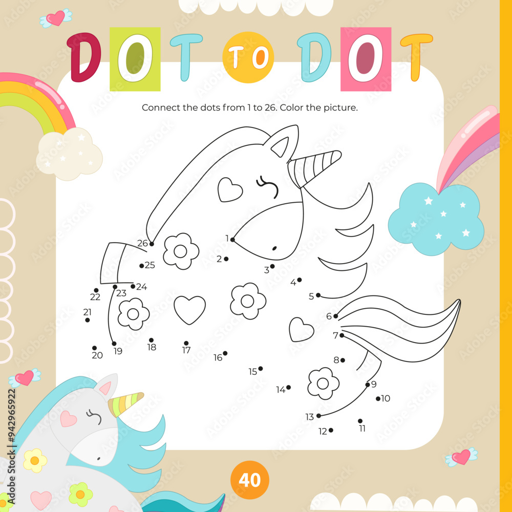 Vector de Stock Unicorn activities for kids. Dot to dot game – pretty ...