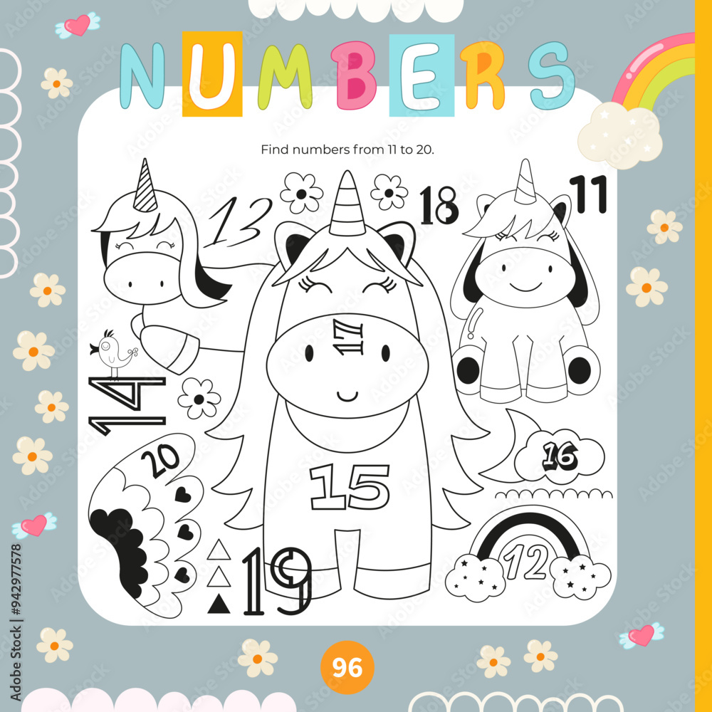 Unicorn math activities for kids. Find numbers from 11 to 20. Vector ...