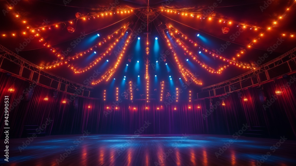 abstract background of circus stage with spotlights and smoke, empty ...