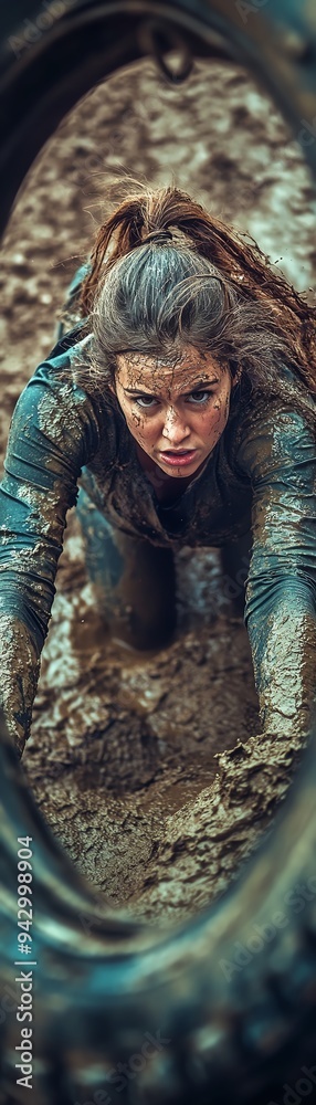Determined woman crawling through a muddy obstacle course, intense ...