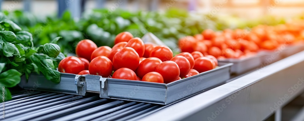 Conveyor belt packaging fresh produce in an industrial agricultural ...