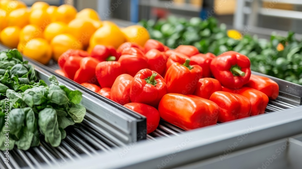 Conveyor belt packaging fresh produce in an industrial agricultural ...