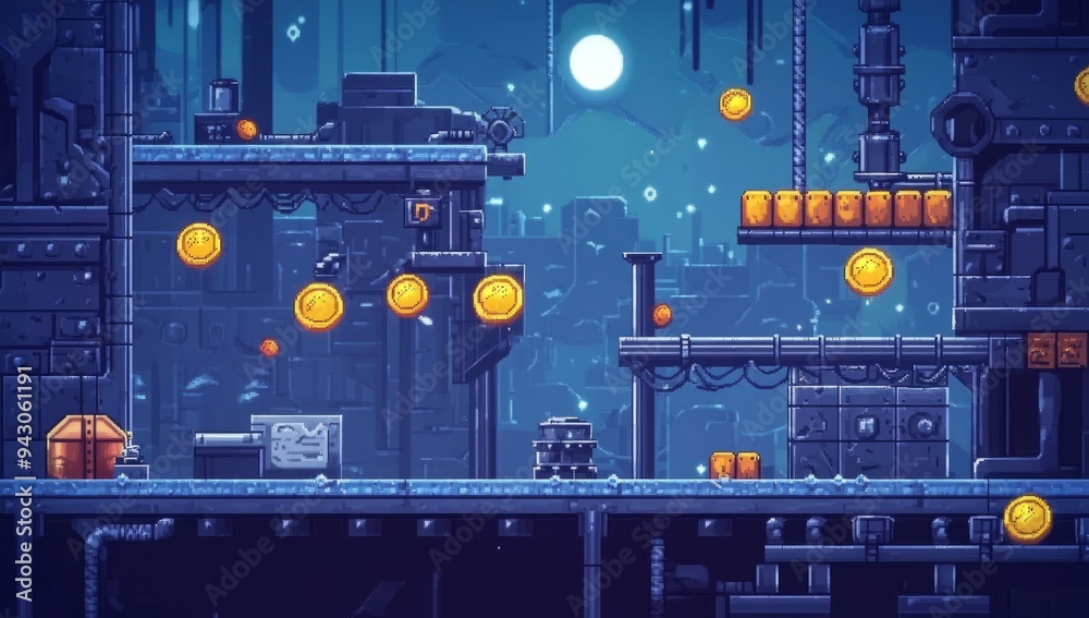 A retro arcade game level map interface with underground factory ...