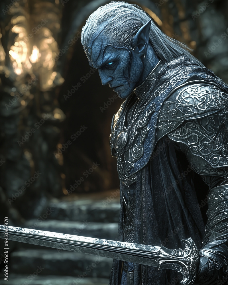 stoic drow warrior with long white hair in elaborate dark armor ...