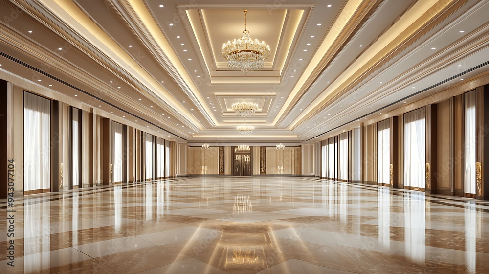 Large, vacant banquet hall featuring shiny floors, stylish ceiling ...