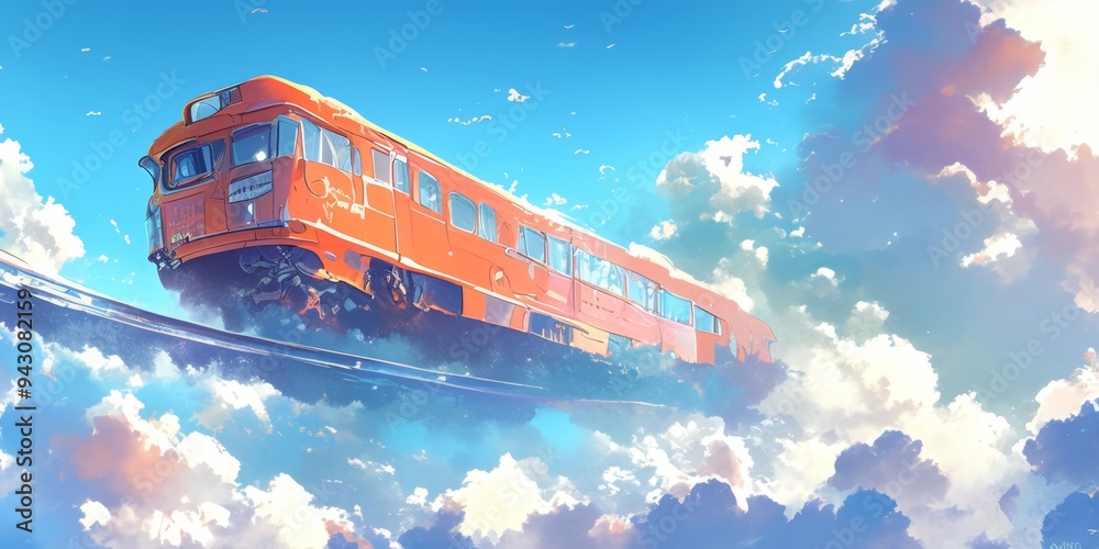 Surreal Flying Train: Whimsical Anime-Style Illustration of Railway ...