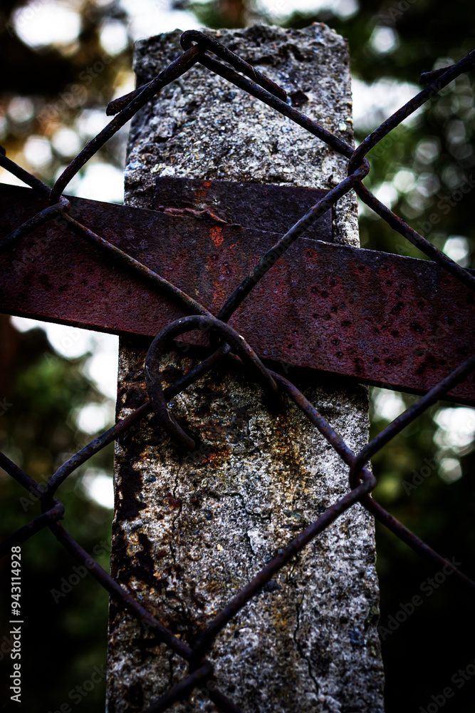 Color vertical photo of a concrete pillar with a metal rusty horizontal ...